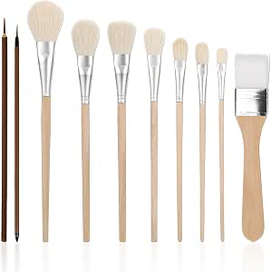 10Pcs Art Paint Brush Set,Goat Bristle Oil Painting Brushes,Wooden ...