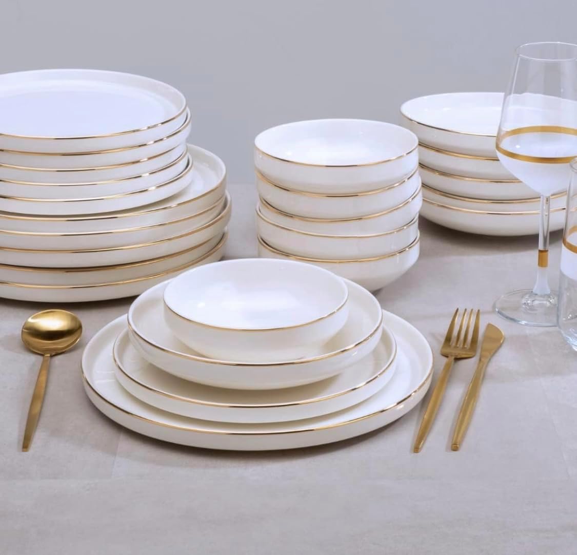 24 Piece Dinner Set for 6 People White Crockery with Gold Rim ...
