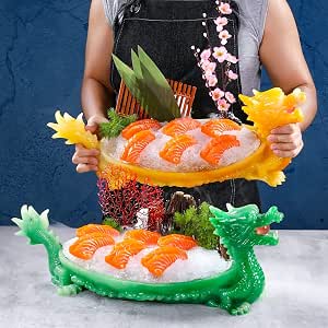 FURLOU 2 PCS Resin Dragon Sushi Boat Serving Tray Set, 21.3Inch Seafood ...