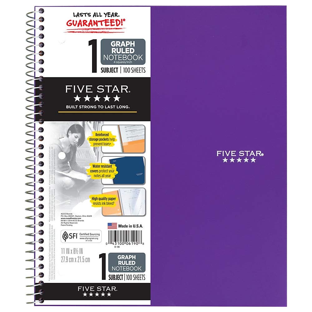 Five Star Quadrille-Ruled Notebook, 8 1/2" x 11", 100 Sheets, Assorted ...