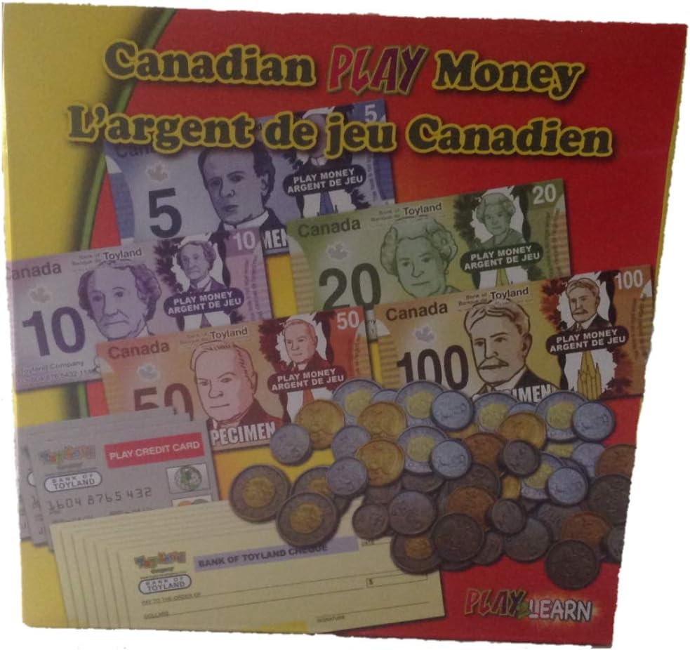 Canadian Play Money Set: 300 Bills, 250 Coins, 12 Cheques & 3 Credit ...