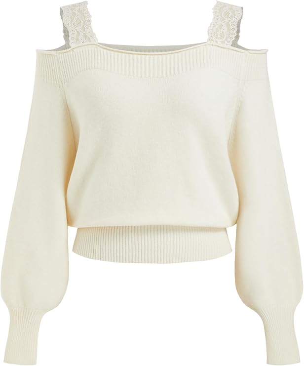 CIDER Off The Shoulder Sweaters for Women Lace Trim Long Sleeve Cropped ...