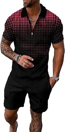 BURWOF Size XL Black Red Mixed Mens Short Sets 2 Piece Outfits Polo ...