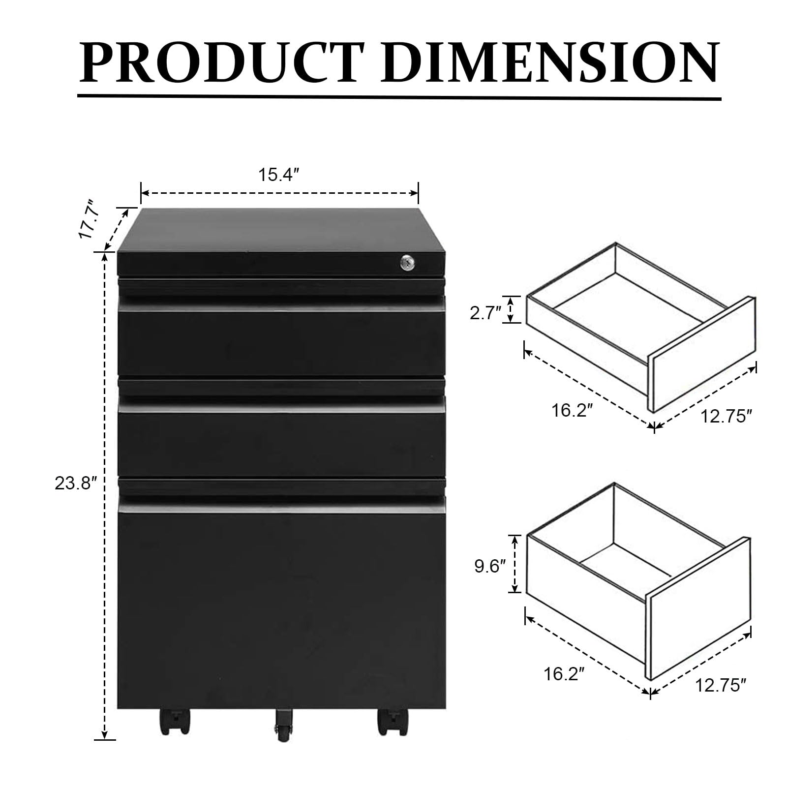 Locking File Cabinet 3-Drawer Mobile File Cabinet With Lock - Rolling ...