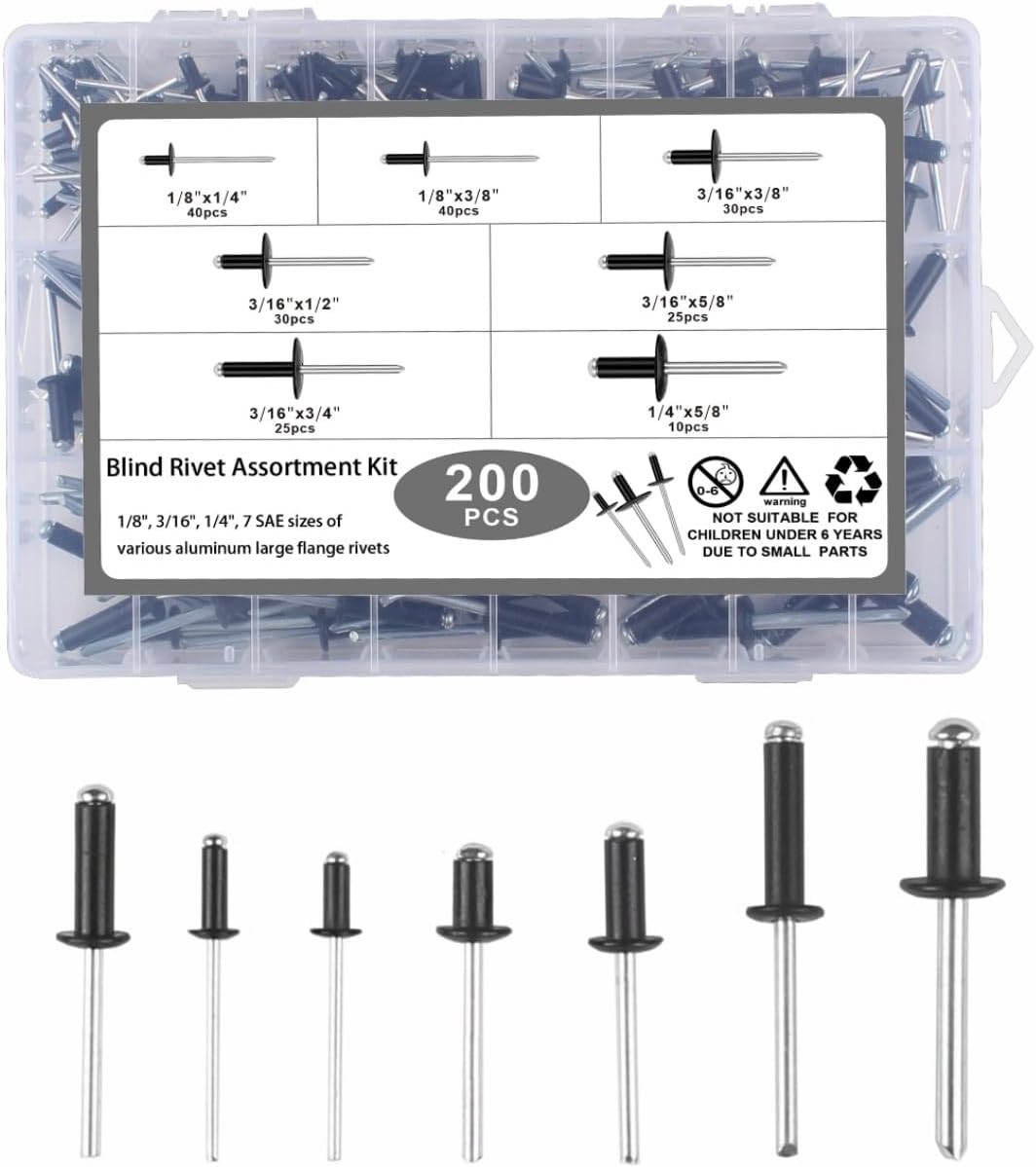 Amazon.com: 200PCS Black Rivets Pop Rivets Assortment Kit,Large Flange ...