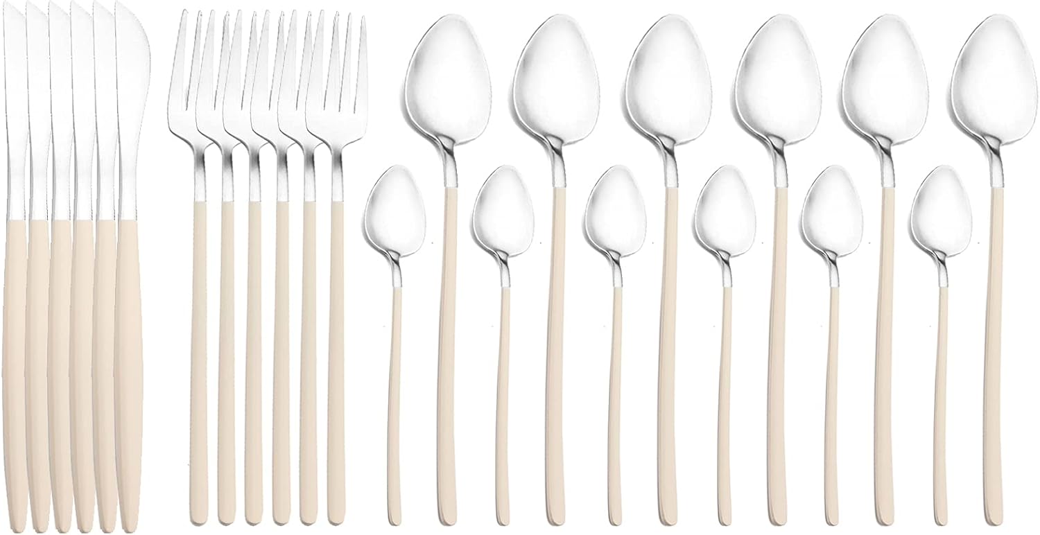 Amazon.com | JASHII 24-Piece Flatware Set for 6, Matte Beige and Silver ...