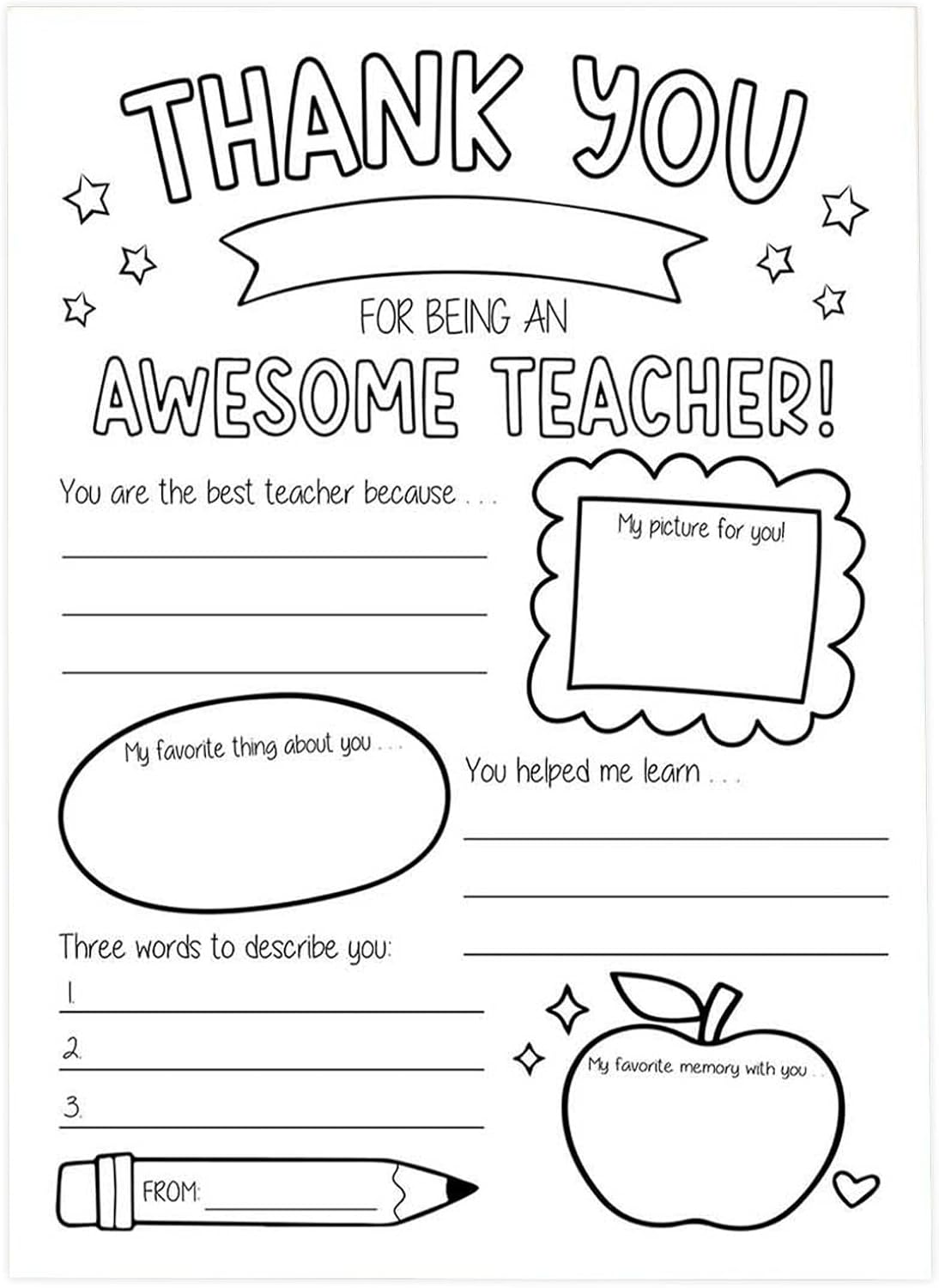 Fill in Blank Greeting Card, Thank You Cards for Teachers to Colour in ...