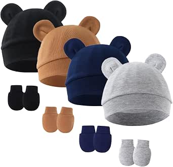Amazon.com: Newborn Baby Hats and Mittens Set Bear Ear Baby Beanie No ...
