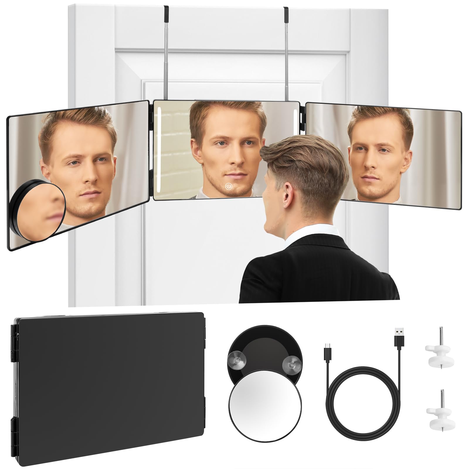 ZEEJORY 3 Way Mirror with LED Lights, Rechargeable 360 Mirror with 10X ...