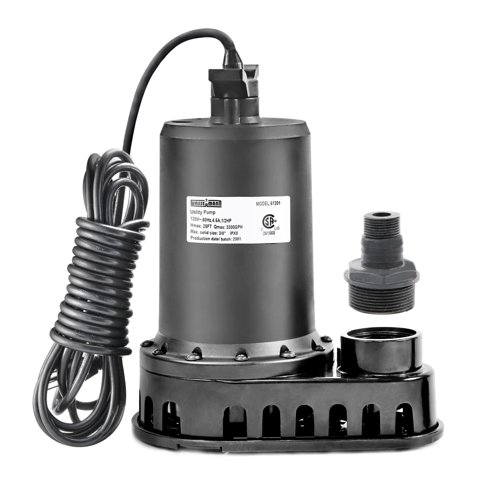 Utility Pump 1/2 HP Thermoplastic Submersible Water Pump 3300 GPH ...