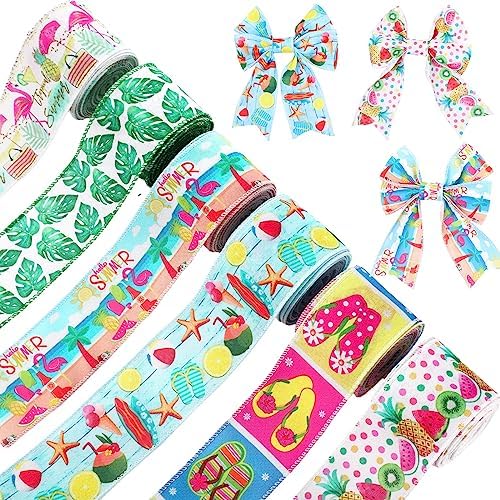 Amazon.com: Whaline 4 Rolls Summer Wired Ribbon 24 Yards Flip Flop ...