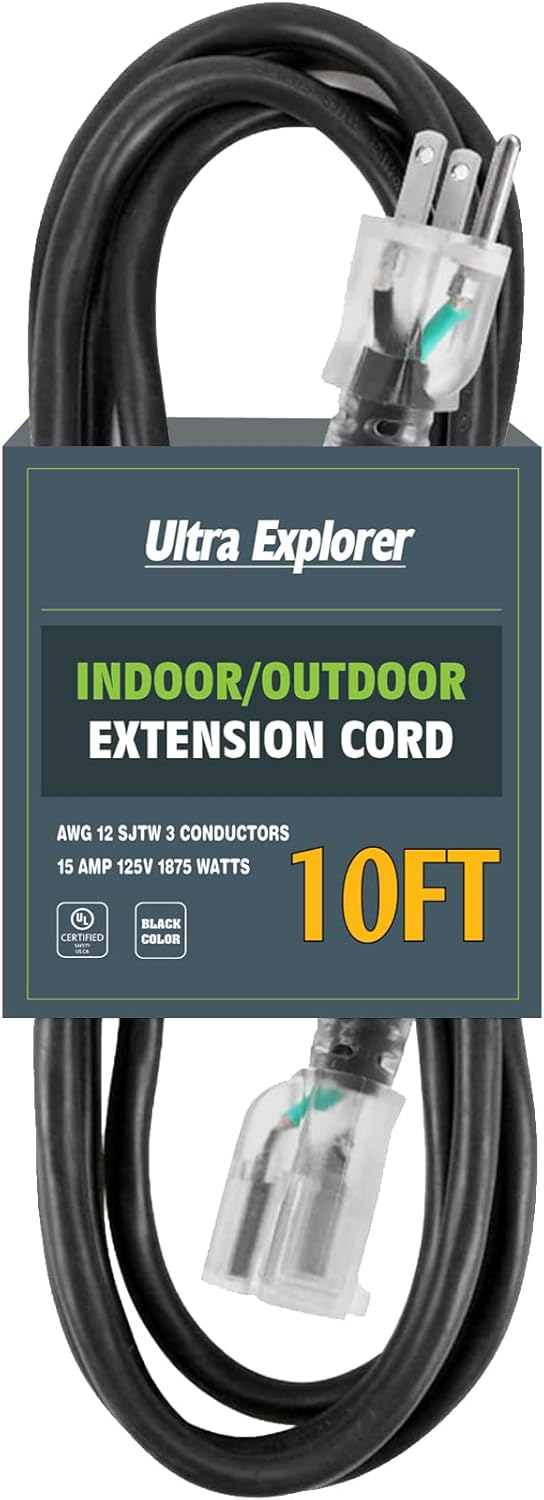 Ultra Explorer 10 Foot Lighted Outdoor Extension Cord - 12/3 SJTW Heavy ...