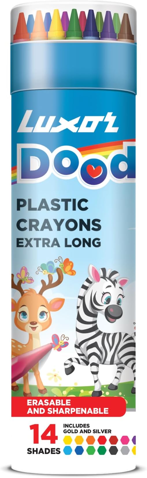 Luxor Doodles Extra Long Plastic Crayons|14 Assorted Shades| 1 Free ...