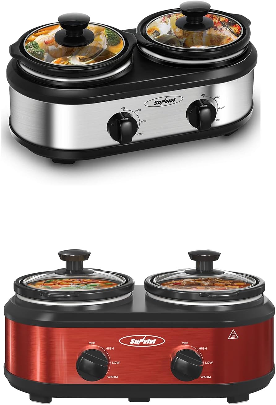 Amazon.com: Sunvivi Dual Slow Cooker Buffet Server Silver and Red Color ...