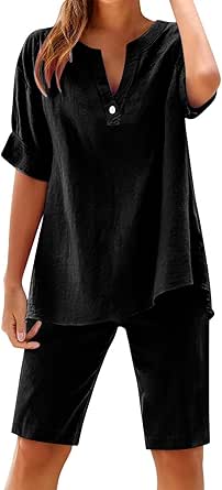 Amazon.com: Two Piece Sets for Women Summer Casual Cotton Linen Shorts ...