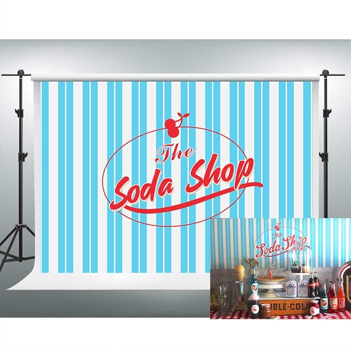Buy Soda Shop Backdrop for 50s Party 7x5ft Blue and White Stripes Sock ...