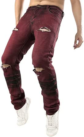 Rambling Men's Red Ripped Skinny Jeans Slim Straight Fit Stretch Denim ...