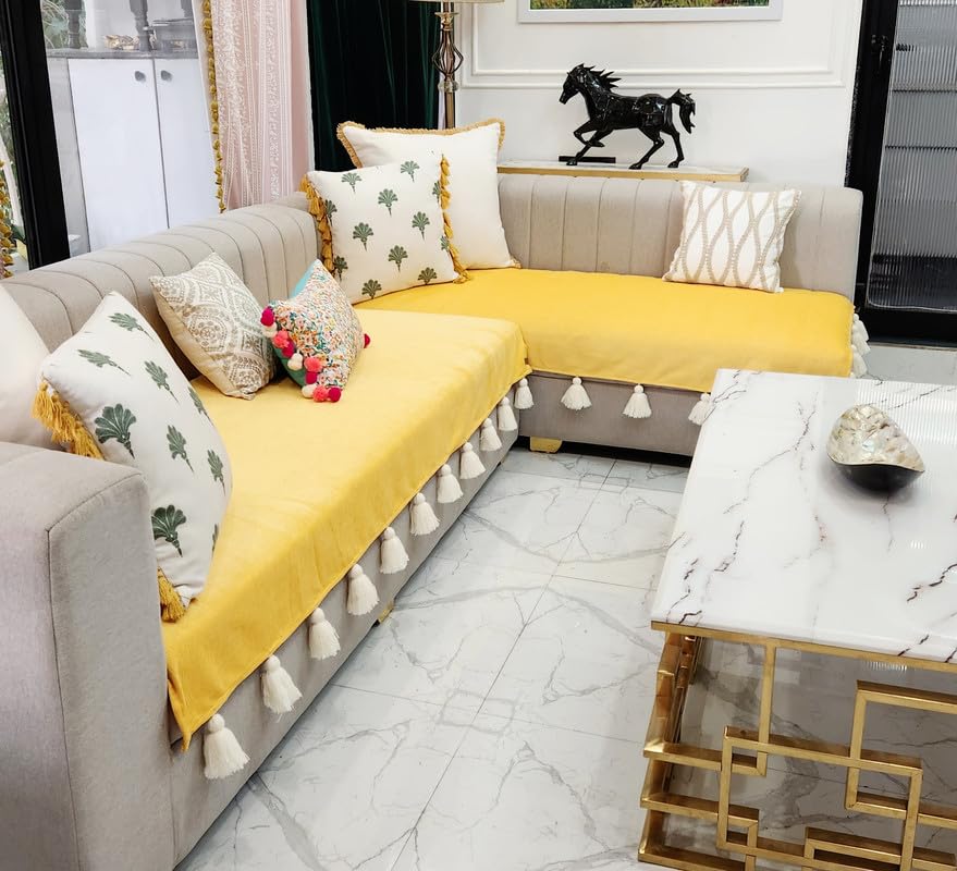 Yellow Sofa Cover White Tassels: Stylish Sofa Cover Set: Anti Slip ...