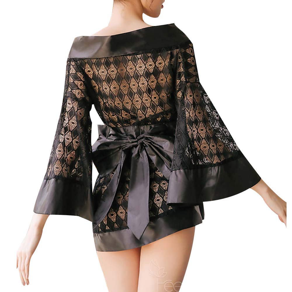 Snapklik.com : Womens Japanese Kimono Mini Dress Outift Black Chiffon Floral Kimono Robe