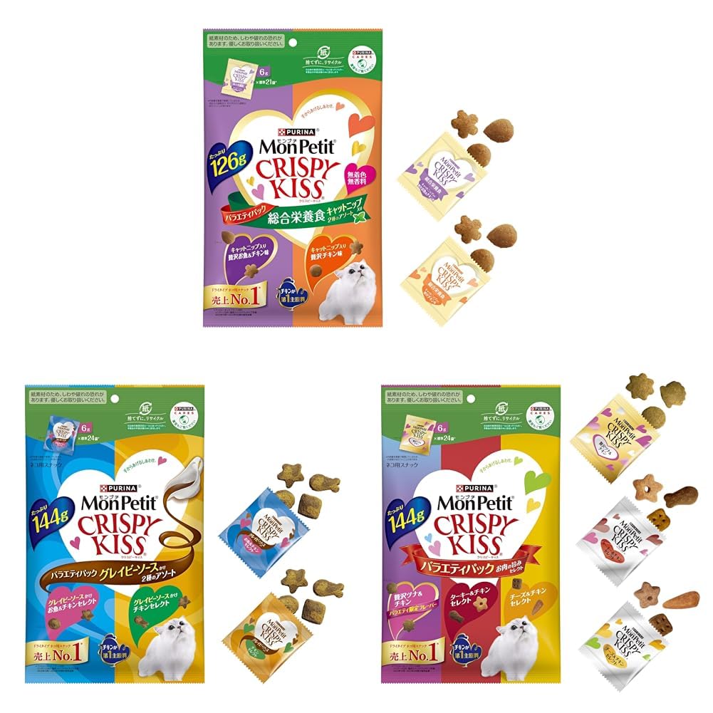 Amazon.co.jp: 【セット買い】モンプチ クリスピーキッス 猫用おやつ バラエティパック 総合栄養食キャットニップ入り 2種のアソート 126g(6g×21袋) + モンプチ ...