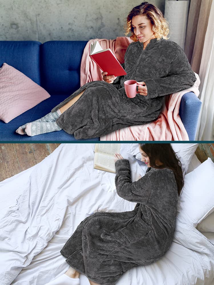 PAVILIA Sherpa Fleece House Coat Women, Zip Up Robe Lounger, Gray Full ...