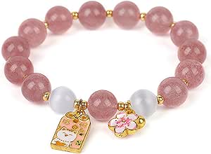 Amazon.com: LOTONJT Strawberry Quartz Bracelet Lucky Cat Enamel Maneki ...