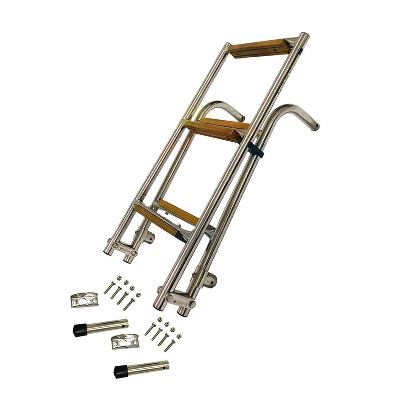 Buy 5 Step Folding Pontoons Boat Ladder with Wood Rung, Stainless Steel ...