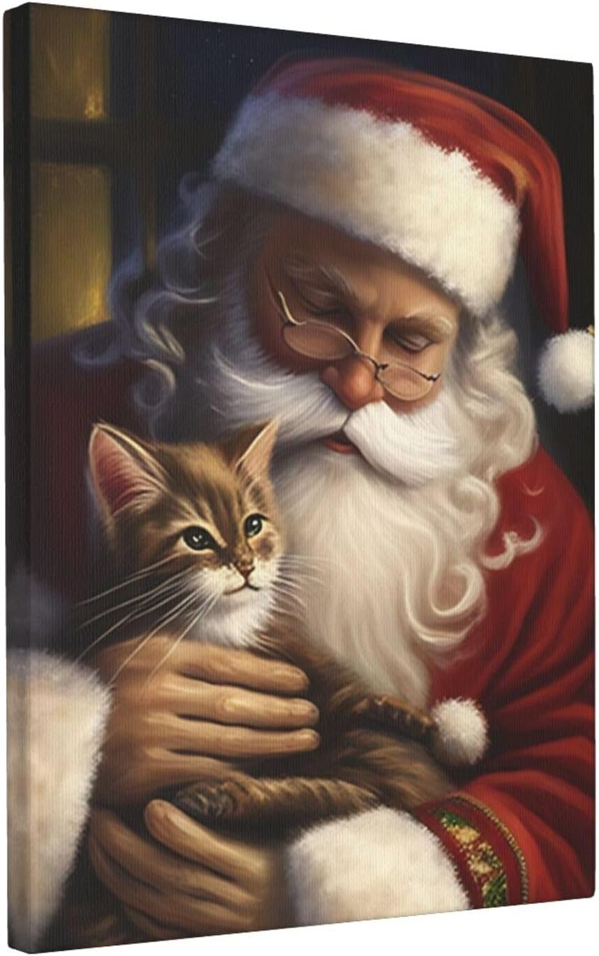 Amazon.com: WEASYYDS Christmas Santa And Cat Canvas Wall Art Christmas ...