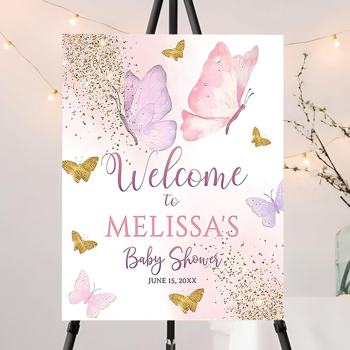 Amazon.com: Personalized Pink Butterfly Baby Shower Welcome Sign, Baby ...