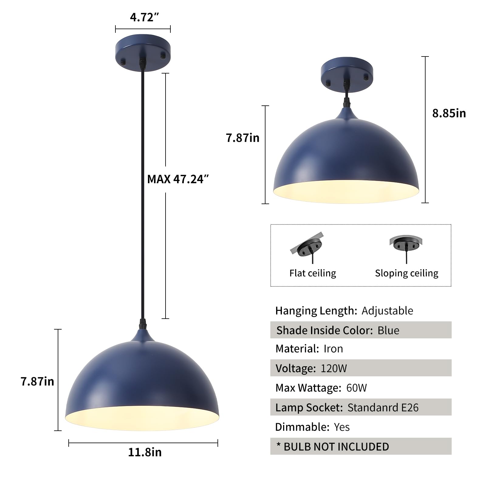 SESIMENT Blue Pendant Light fixtures 11.8inches 2 Packs,Metal Hanging ...
