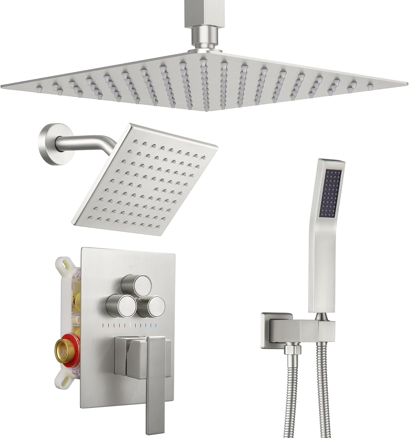Dasan Brushed Nickel Dual Shower Heads System with Ceiling 12" Rainfall ...