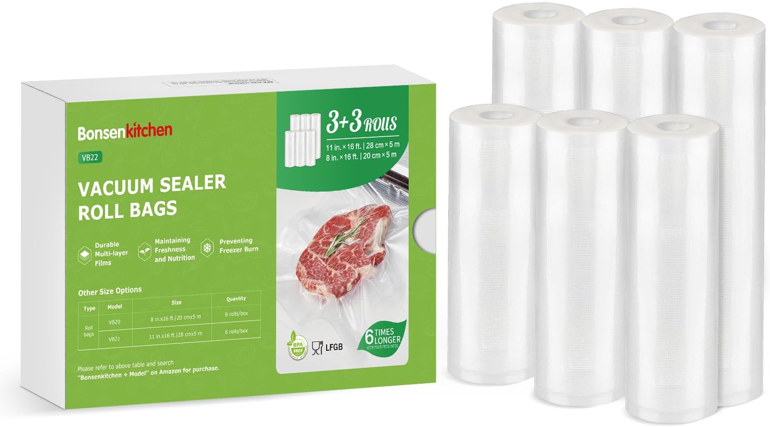 Amazon.com: Bonsenkitchen Vacuum Sealer Rolls Bags, 6 Pack 3 Rolls 11 ...