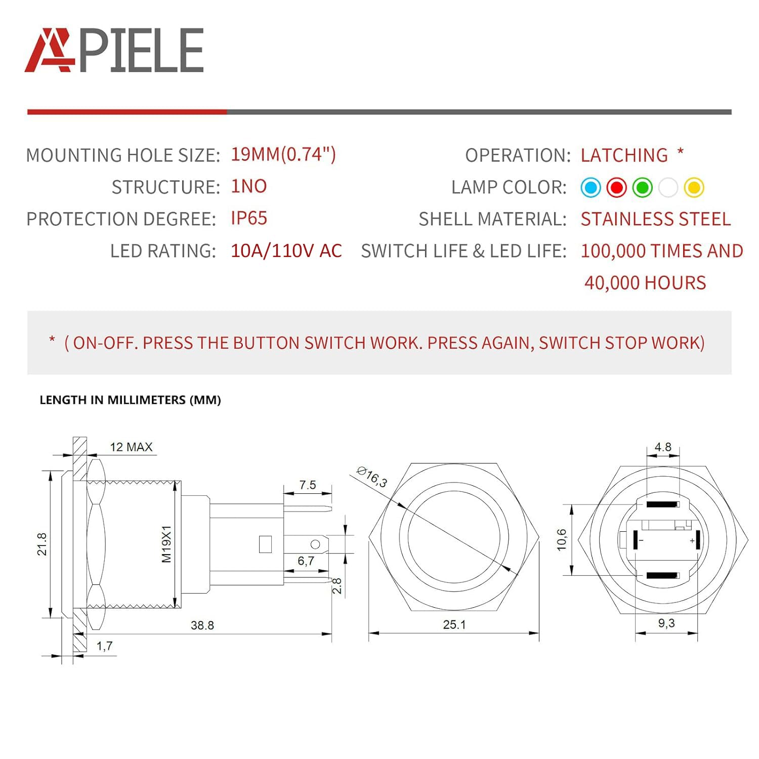 Snapklik.com : APIELE 110V-220V 19mm Latching Push Button Switch 10 Amp ...