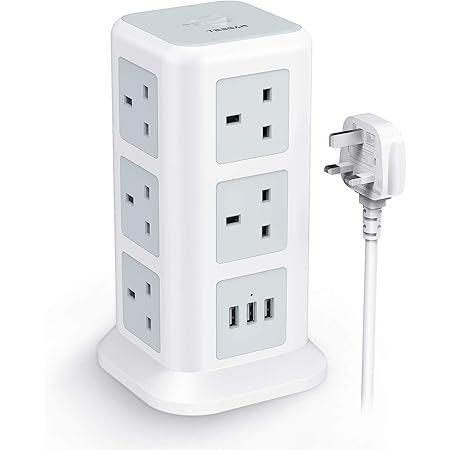 Tower Extension Lead with 3 USB Slots, TESSAN 8 Way Multi Plug ...