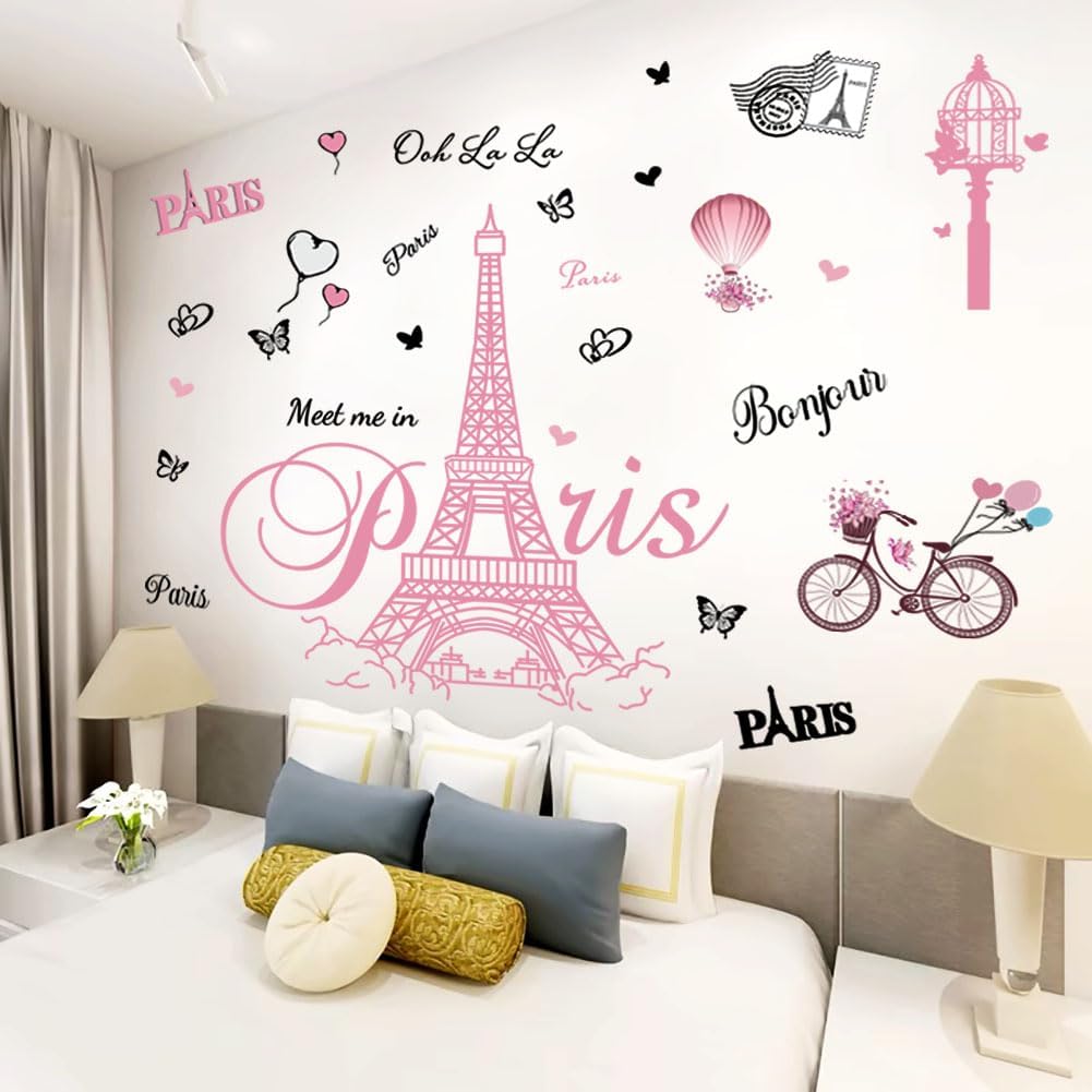 Amazon.com: Pink Paris Wall Stickers Bicycle Hot Air Balloon Eiffel ...