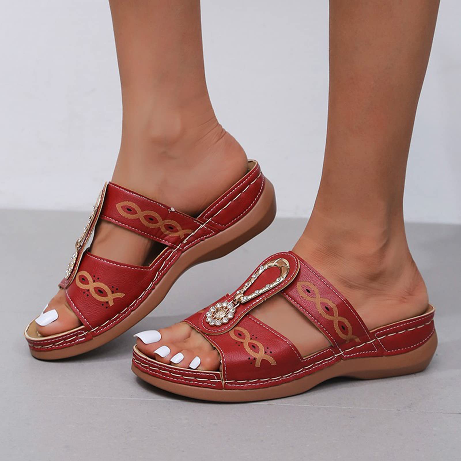 Red Flat Sandals With Rhinestones
