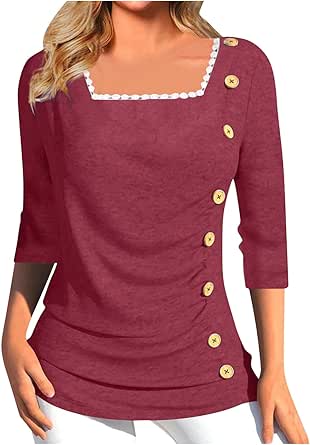 Button Side Tops for Women 3/4 Sleeve Swing Neck Button Top Pleated ...