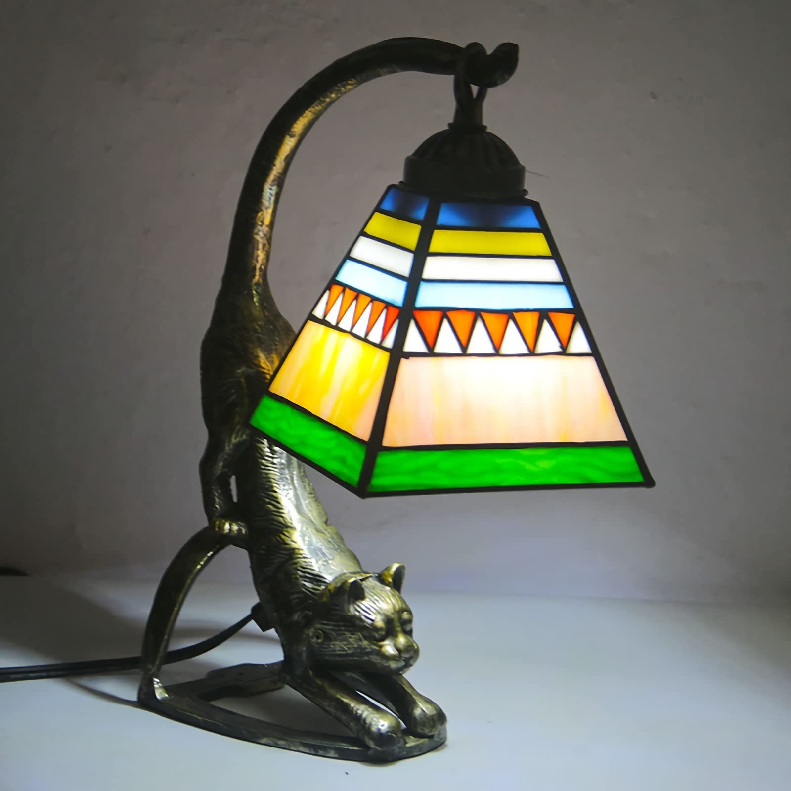 Tiffany Style Table Lamp, 6 inch Stained Glass Bedside Lamp with Cat ...