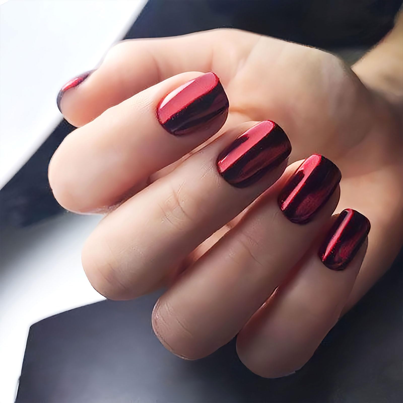 Amazon.com: BFY Short Press on Nails Square, Red Chrome Fake Nails ...