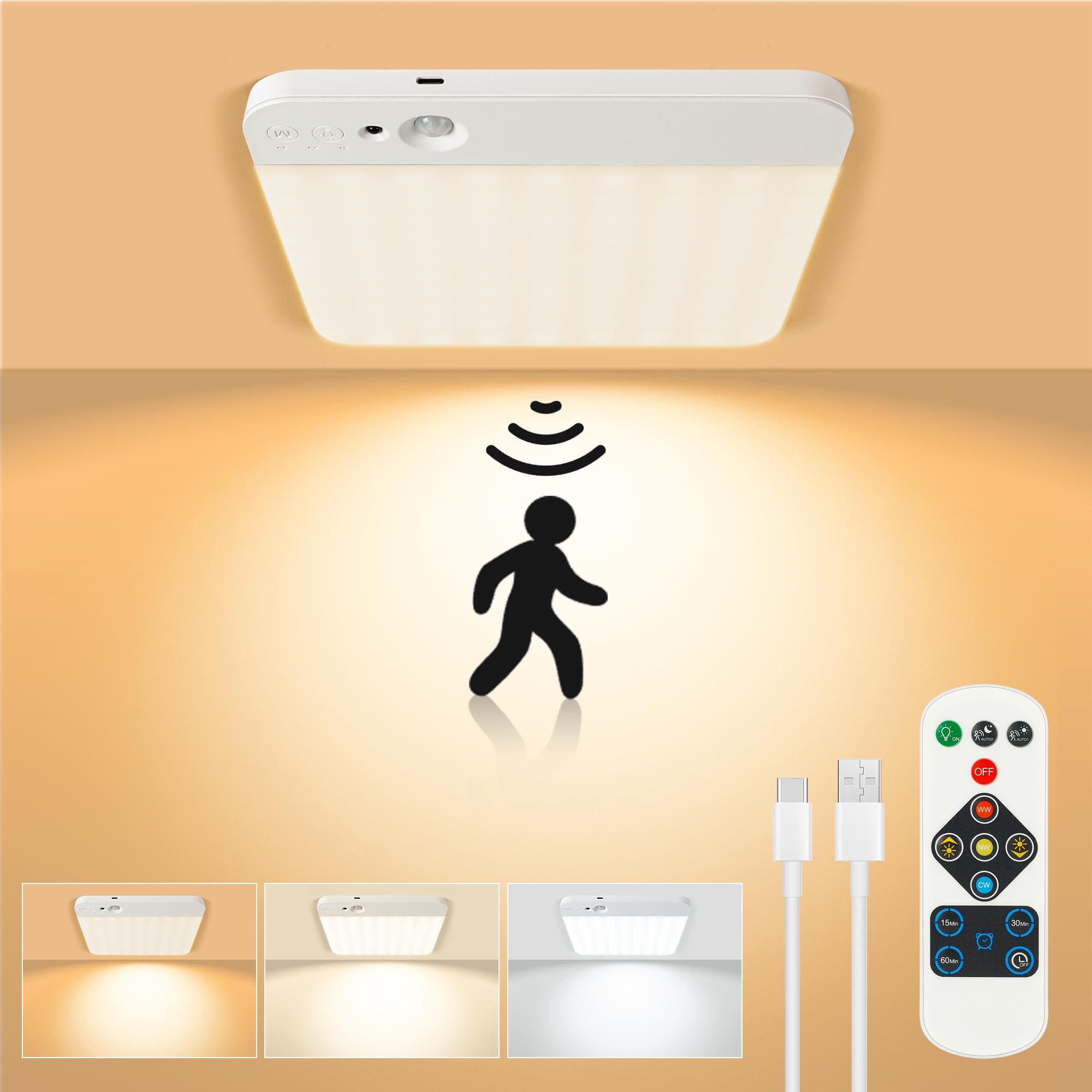 1PCS Battery Operated Ceiling Light with Remote Rechargeable Motion ...