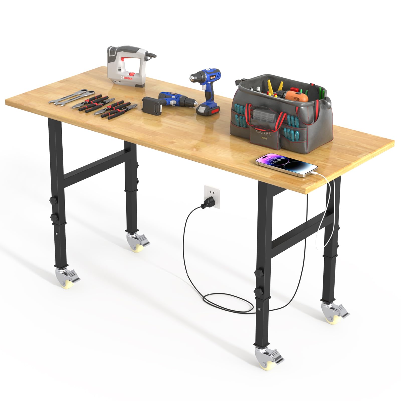 Buy 60" Adjustable Height Heavy Duty Workbench for Garage,Rubber Wood ...