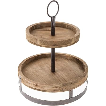 Amazon.com | Vintage Wood Two Tiered Tray with Round Metal Handle，Easy ...