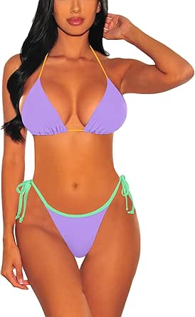 Amazon.com: Kisscynest Women's 2 Piece Swimsuit Sexy Halter String Thong Bikini Sets Cheeky ...