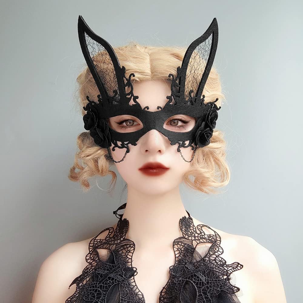 Amazon.com: Haomye Masquerade Mask Bunny Ears Mardi Gras Masks Black ...