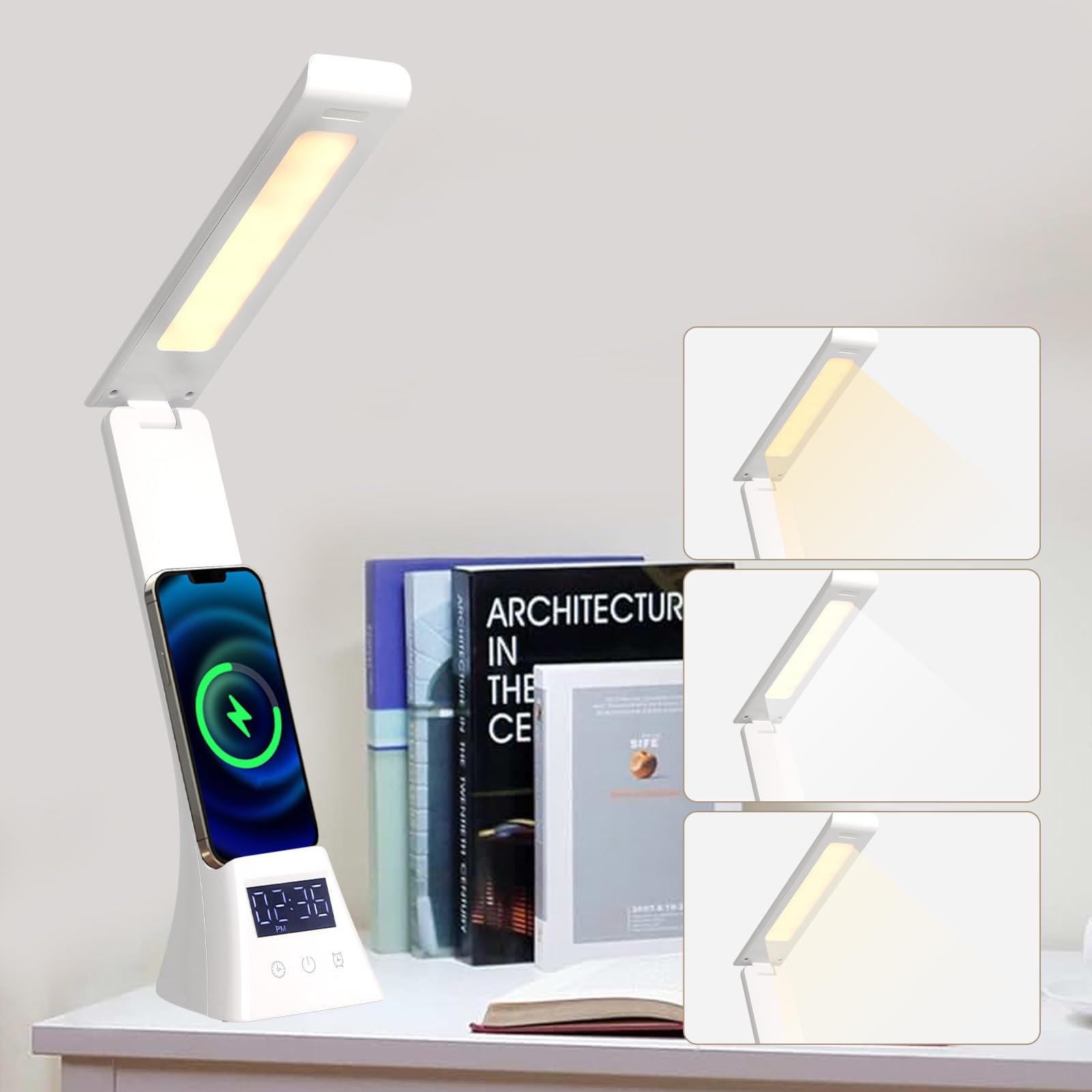 Multifunctional LED Desk Lamp with Clock, Alarm, Wireless Charging, Eye ...