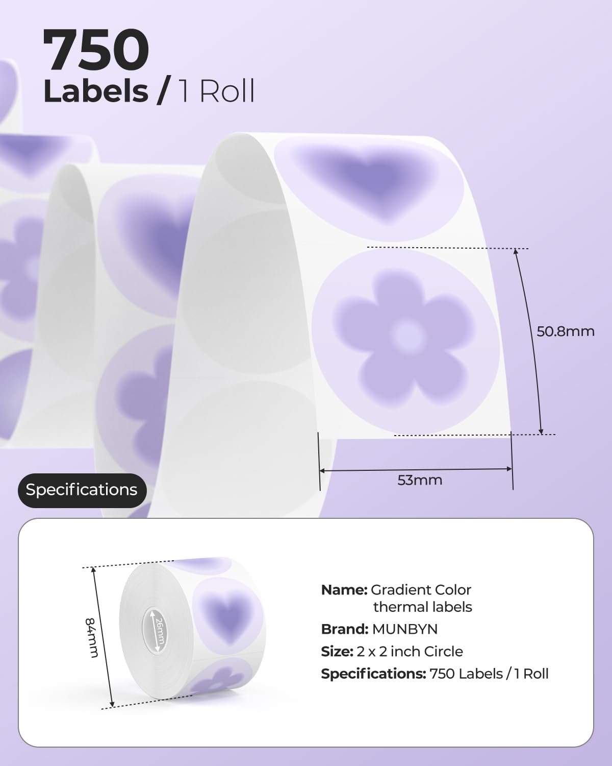 MUNBYN 50x50MM Purple Gradient Round Thermal Sticker Labels, 6 Gradient ...