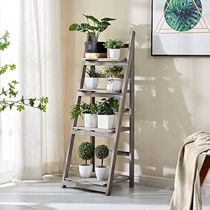 Amazon.com: 4-Tier Wooden Ladder Shelf - Foldable Bookcase Storage Rack ...