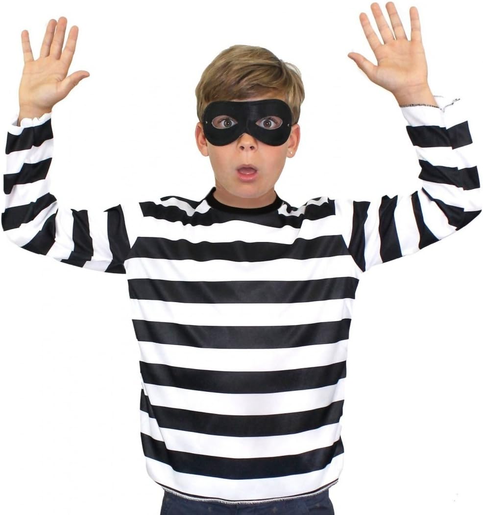 Buy CHILDS BURGLAR FANCY DRESS COSTUME BLACK & WHITE STRIPED TOP ...