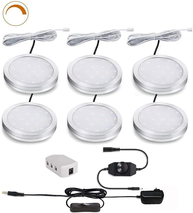 Led Puck Lights, Dimmable Under Cabinet Lighting Kit w/ Rotary Dimmer ...