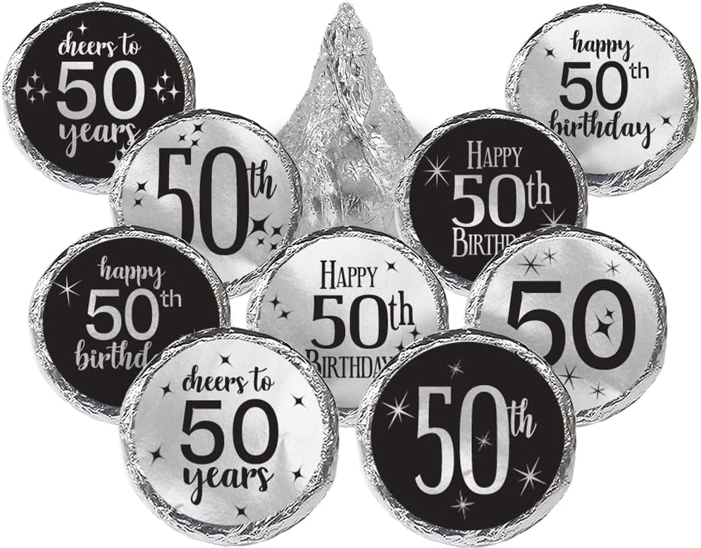 Amazon.com: Black and Silver 50th Birthday Party Favor Stickers - Shiny ...
